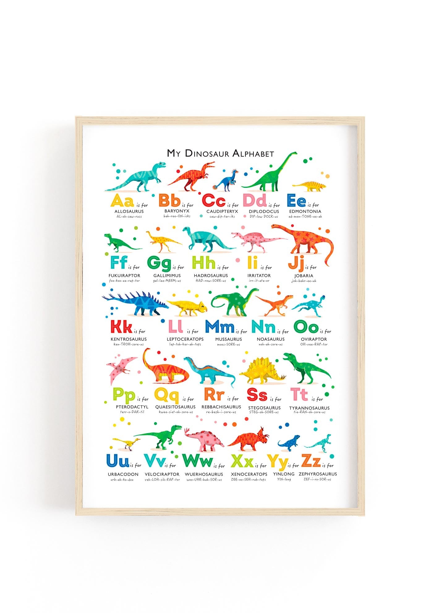 Bright Dinosaur Alphabet Print | Colourful Kids Wall Art | PaperPaintPixels